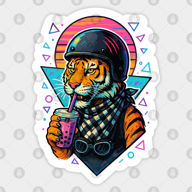 Biker Tiger Drink Boba Tea Vaporwave Retro - Tiger - Sticker | TeePublic