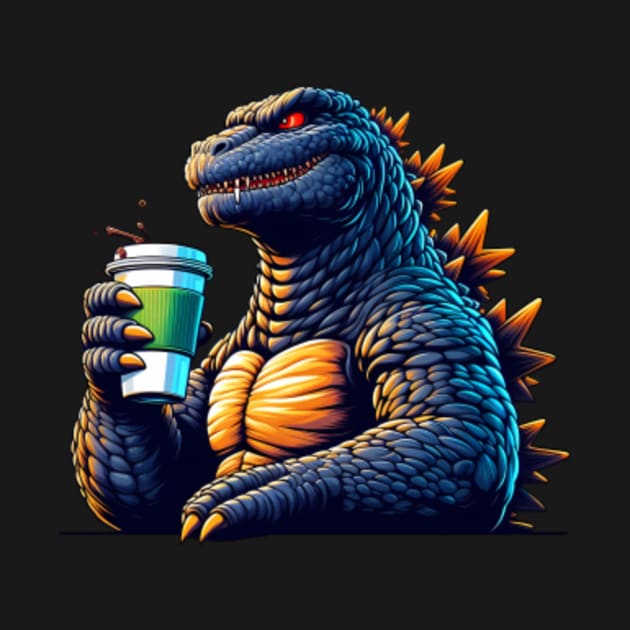 Godzilla enjoying a cup of coffee with a serene expression - Godzilla ...