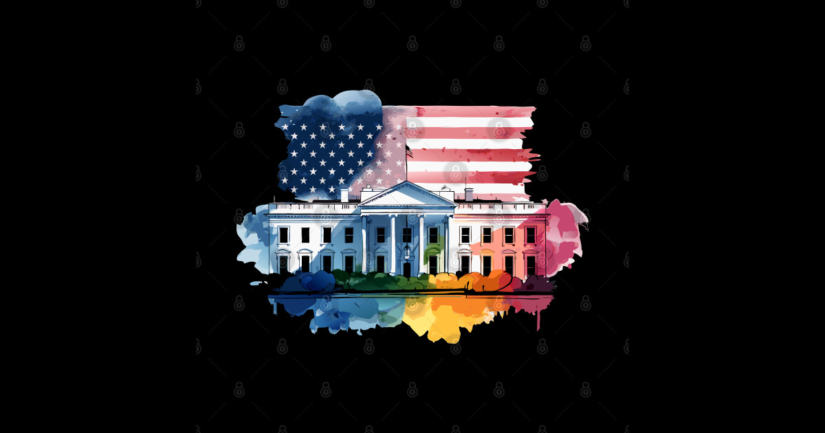 White House Watercolor Art with American Flag - White House - Sticker ...