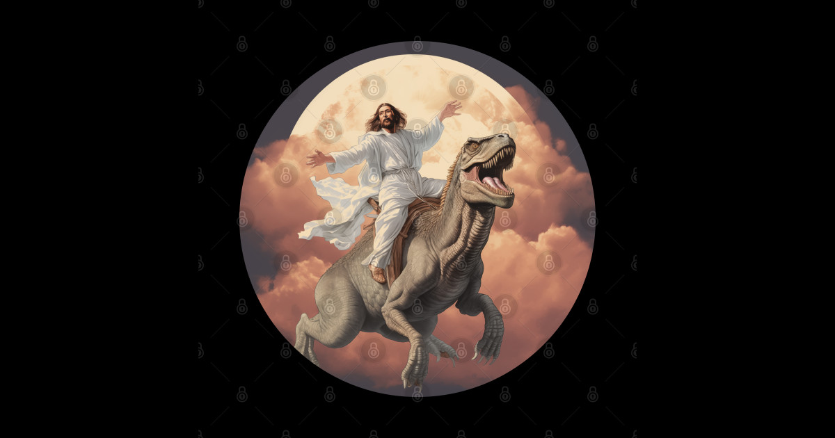 Jesus riding T-Rex in the heaven - Funnytee - Sticker | TeePublic