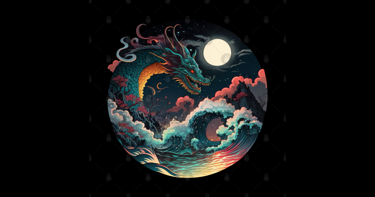 Retro Great Wave Dragon Sea Monster - Dragon - Posters and Art Prints ...