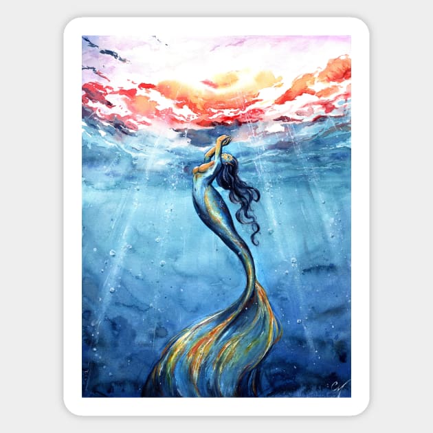 Reaching - Watercolor underwater Mermaid Painting - Mermaid - Sticker ...