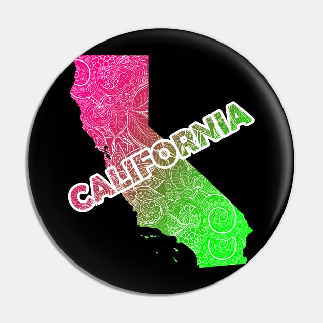 Colorful mandala art map of California with text in pink and green ...