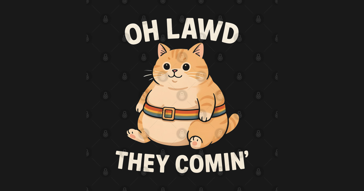 Oh Lawd They Comin’ Funny Fat Cat with Rainbow Pride Belt - Lgbtq - T-Shirt | TeePublic