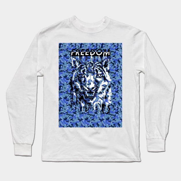 Snow leopard on blue camo - Snow Leopard - Long Sleeve T-Shirt | TeePublic