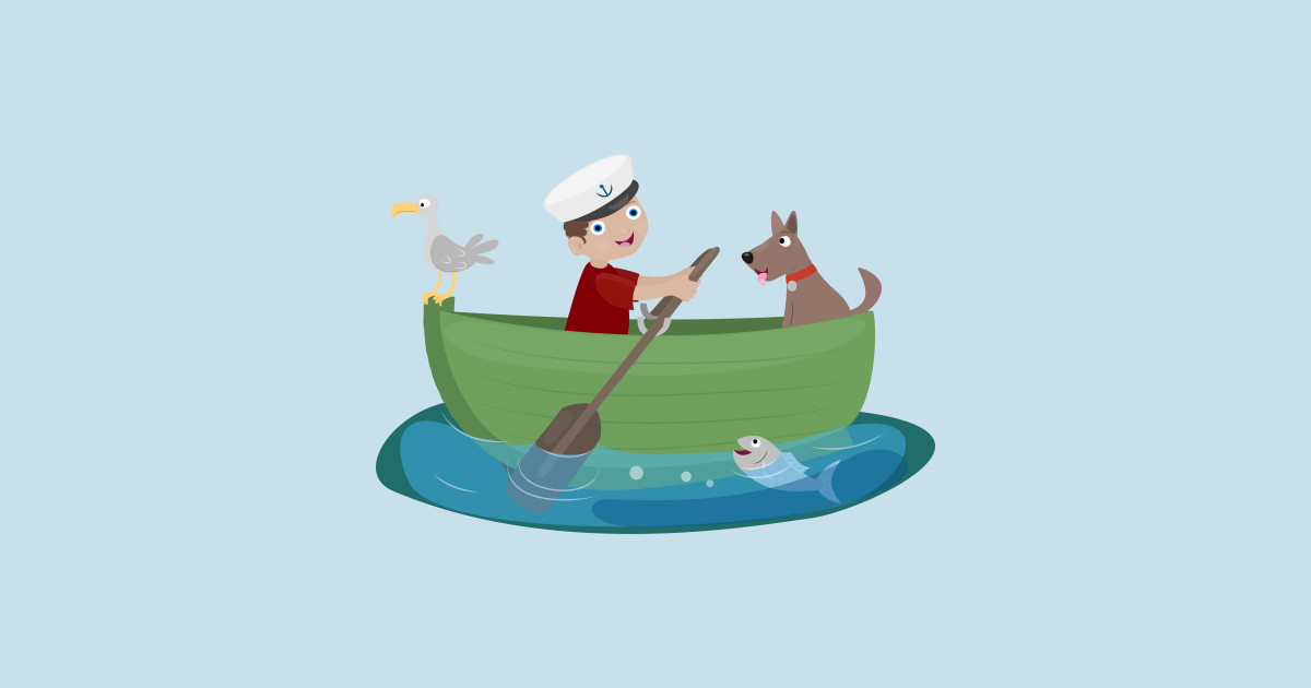 Cute boy sailor and dog rowing boat cartoon - Rowboat - T-Shirt | TeePublic