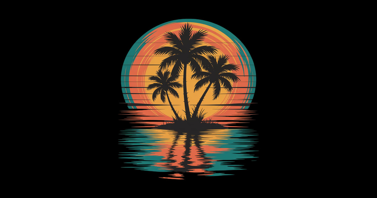 70s 80s Palm Tree Silhouette Sunset Beach Reflection - 70s 80s Palm ...