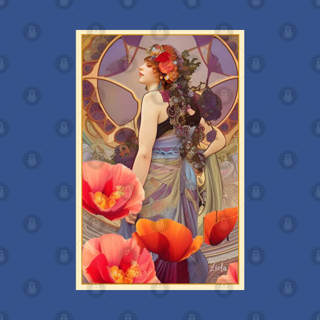 Pretty poppy floral painting of a Art Deco hippie Fatima belly dancer ...
