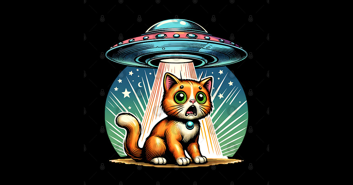 Shocked Cat And UFO Abduction Vintage Cartoon Style Drawing - Ufo Cat ...