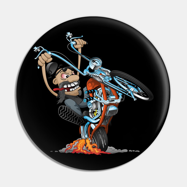 Funny biker riding a chopper, popping a wheelie motorcycle cartoon ...