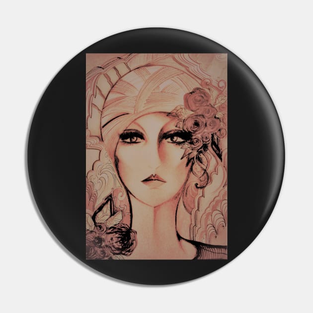 70S ART DECO DOLLY GIRL IN TURBAN PEACH PINK CORAL - Floral - Pin | TeePublic