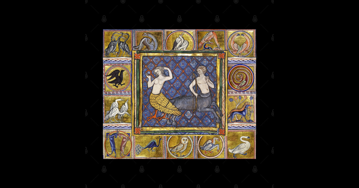 MEDIEVAL BESTIARY,HARPY AND CENTAUR, FANTASTIC ANIMALS IN GOLD RED BLUE ...