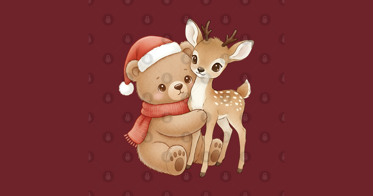 Cute Christmas Bear Hugging Fawn - Cute Christmas Bear Hugging Fawn - T ...