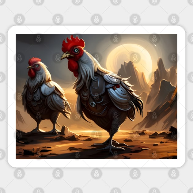 Alien Robot Roosters - Digital Artwork - Sticker | TeePublic
