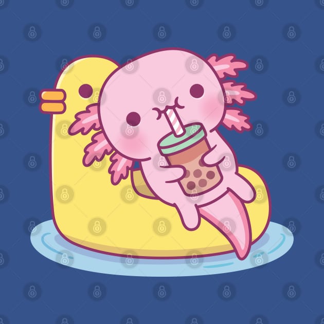 Cute Axolotl Chilling On Duck Pool Float Drinking Bubble Tea - Cute ...