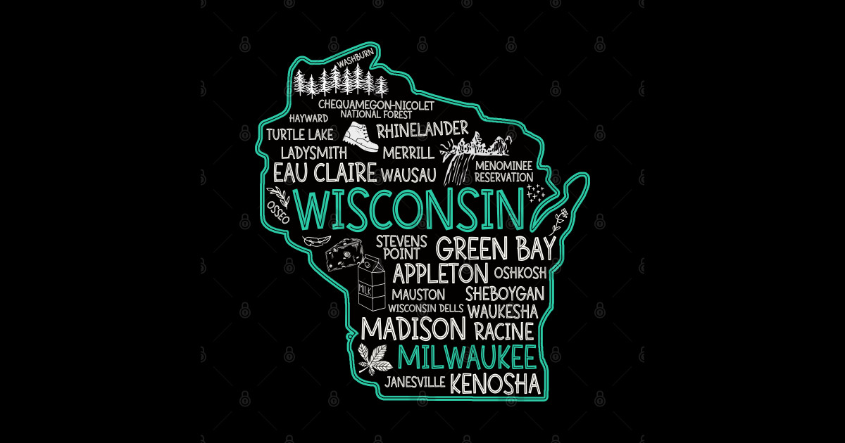 Milwaukee Wisconsin cute map, Osseo, Green Bay, Kenosha, Racine ...