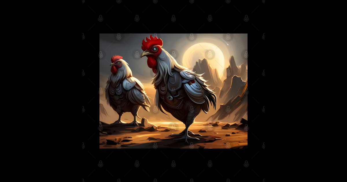 Alien Robot Roosters - Digital Artwork - Sticker | TeePublic
