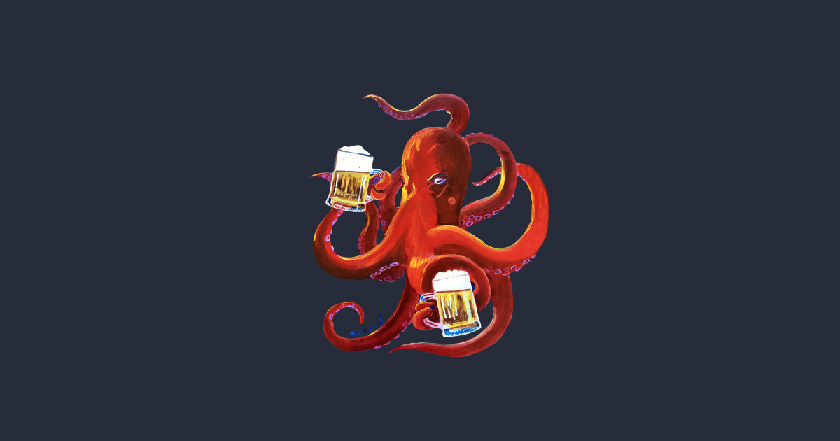Octopus Painting, Red Octopus Drinking Beer, Animals and Beer, Octopus ...