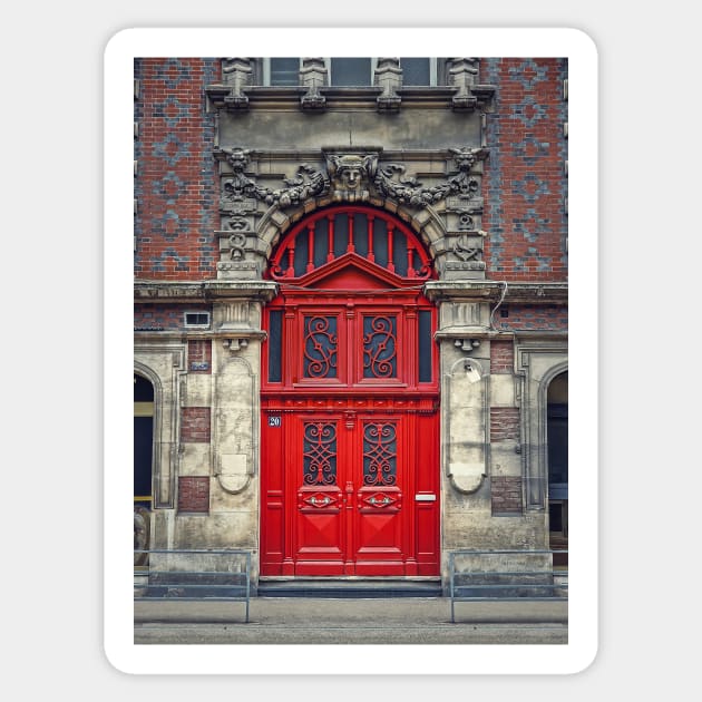 Vintage red door - Vintage Red Door And Ornate Facade - Sticker | TeePublic