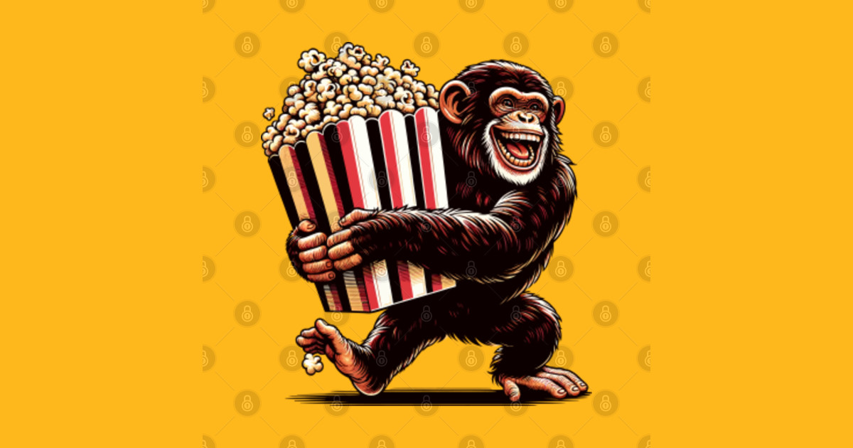 Happy chimpanzee with a packet of popcorn - Chimpanzee - T-Shirt ...