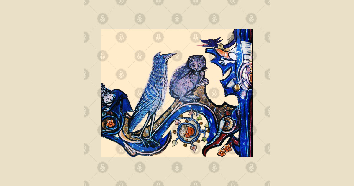 WEIRD MEDEVAL BESTIARY, CAT AND CUCKOO BIRD IN BLUE - Hunter Cat And ...