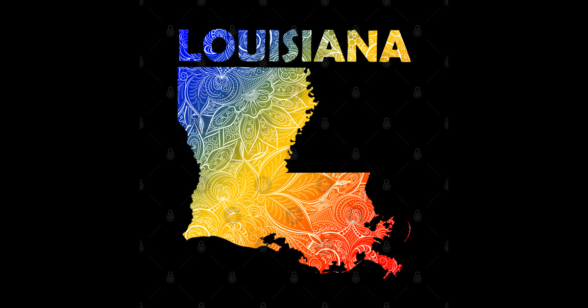 Colorful mandala art map of Louisiana with text in blue, yellow, and ...