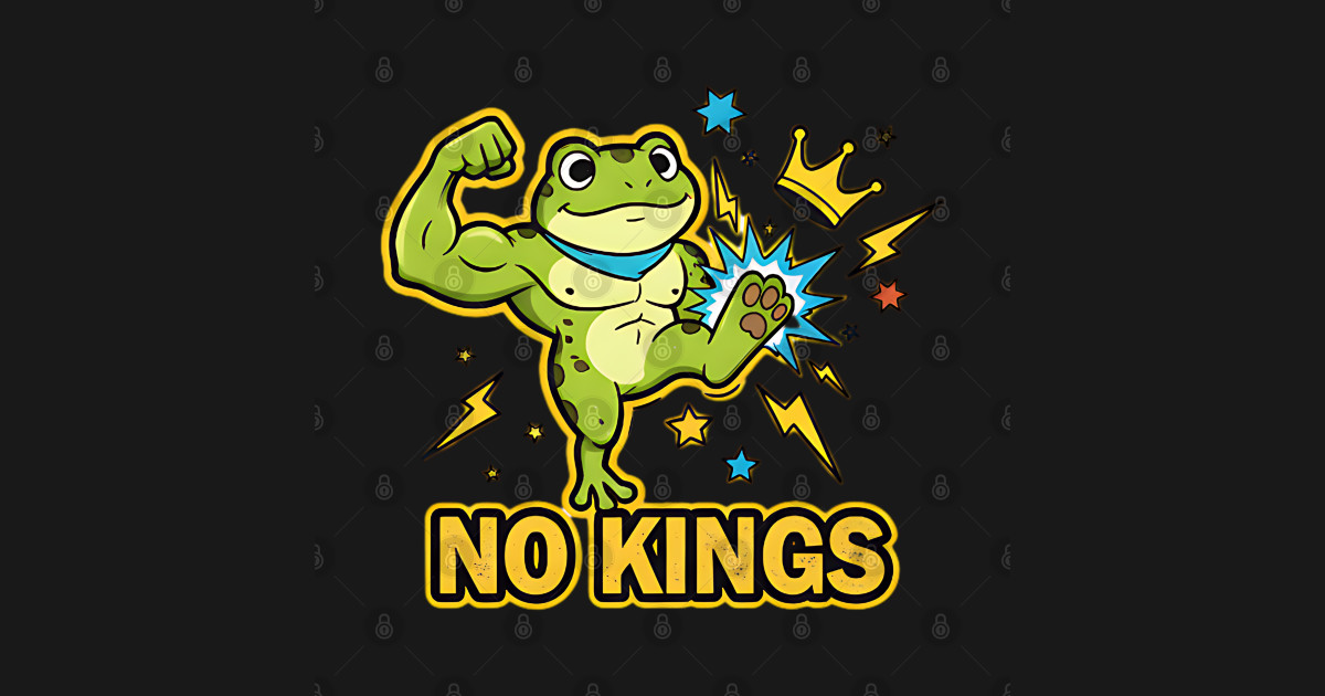 No Kings muscular frog cartoon design funny gym humor art retro ...