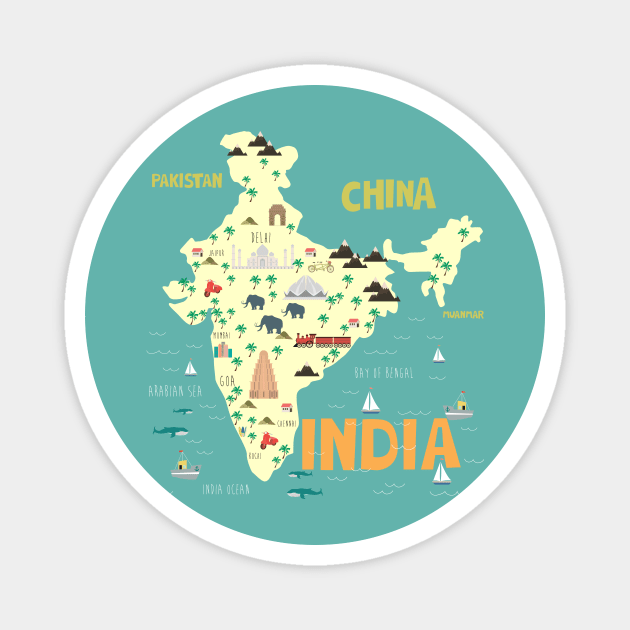 Illustrated India Map - India - Magnet | TeePublic