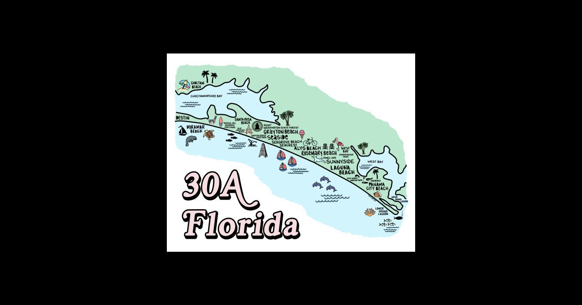 30A Florida Map Art - 30a - Sticker | TeePublic