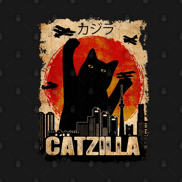 Vintage Catzilla Funny Black Cat - Vintage Catzilla - T-Shirt | TeePublic