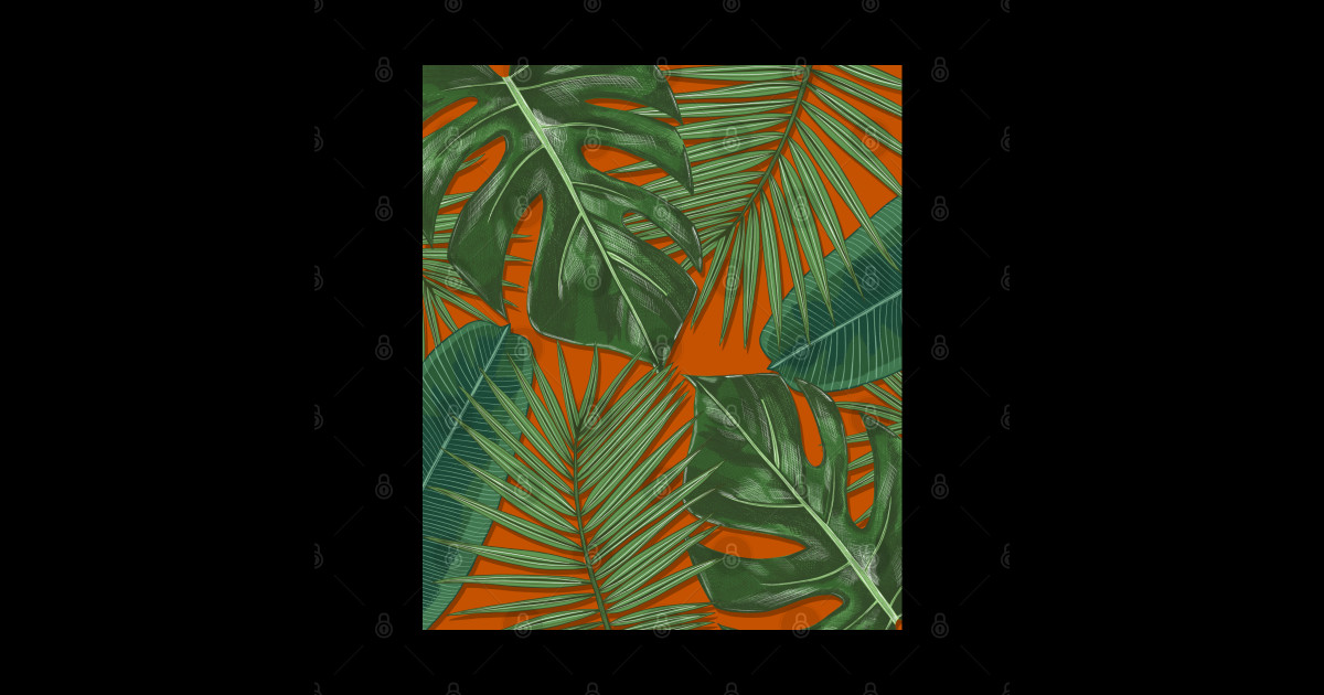 Monstera, Spider Palm, Tropical Leaves Print on Rust Burnt Orange ...