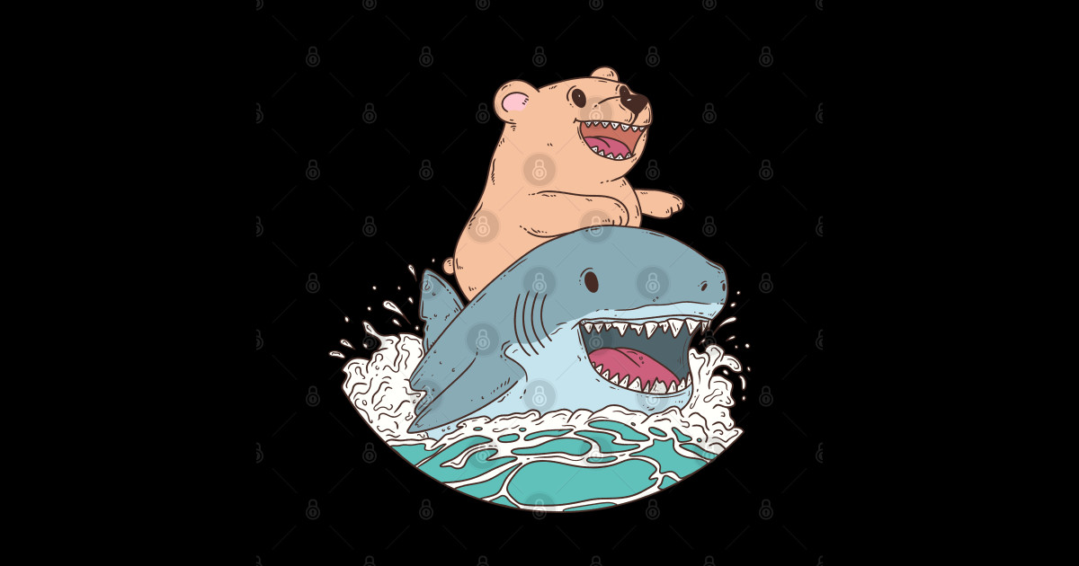 Cute Bear Riding Shark Great wave - Great Wave - Sticker | TeePublic