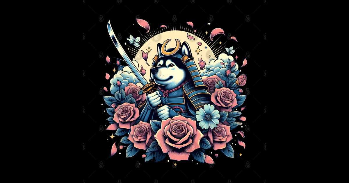 Retro Samurai Dog with a Magical Sword and Roses - Samurai Dog ...