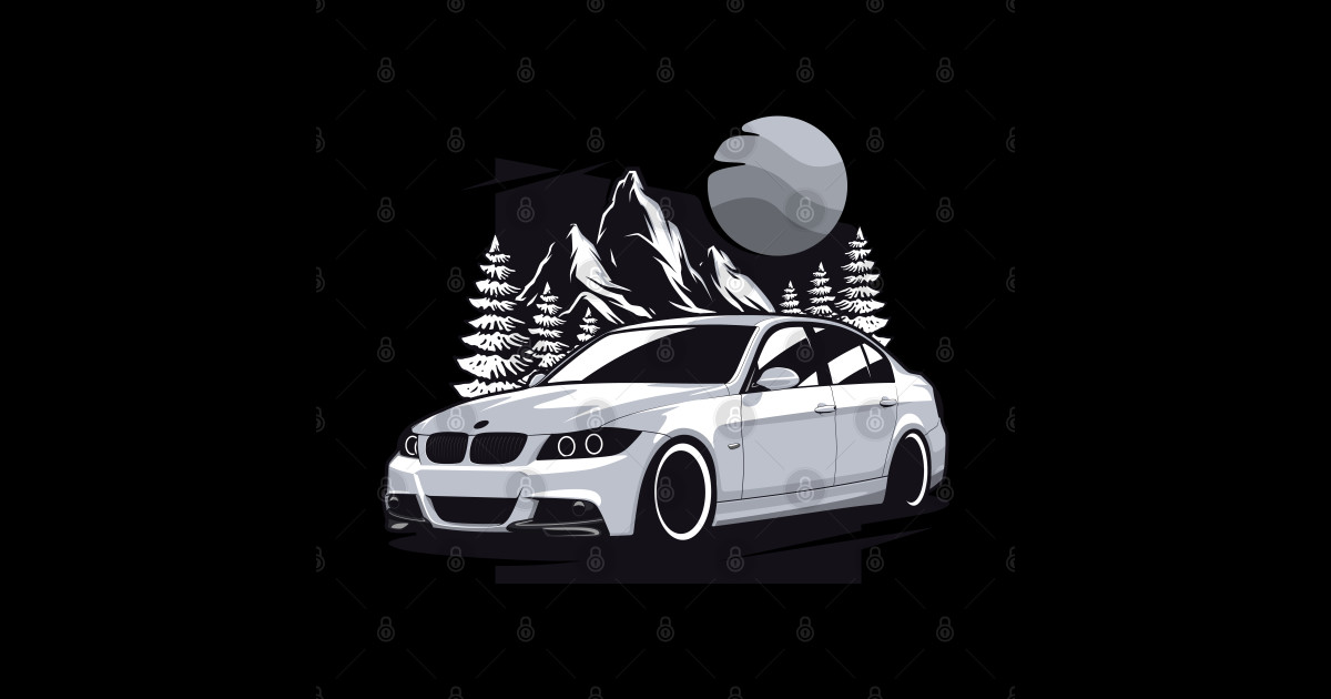 Silver E90 Sedan Mountains - E90 - Sticker | TeePublic