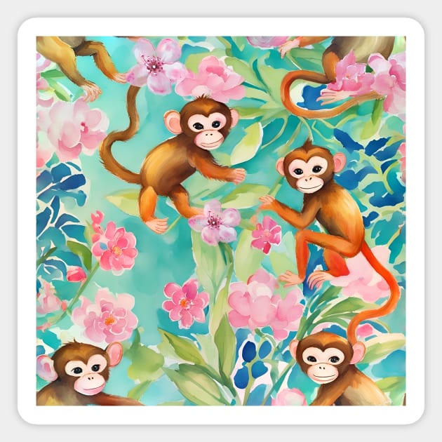 Preppy monkeys playing in the jungle, watercolor - Preppy Art - Sticker ...