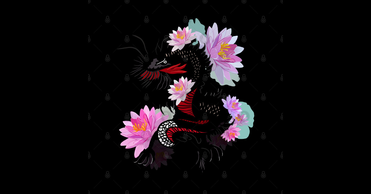 Dragon with lotus flower - Dragon With Lotus Flower - Sticker | TeePublic