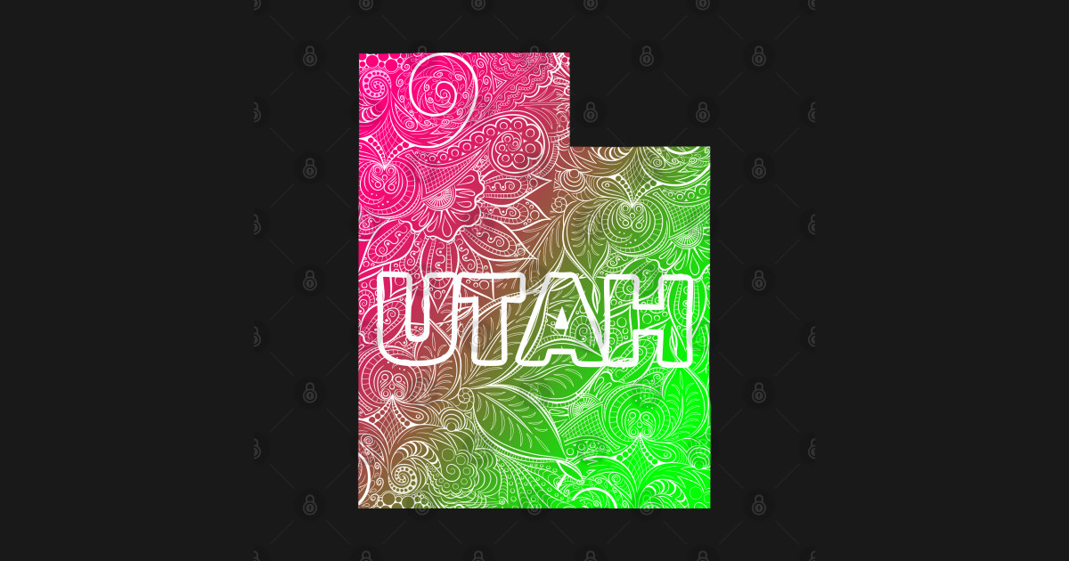 Colorful mandala art map of Utah with text in pink and green - Utah - T ...