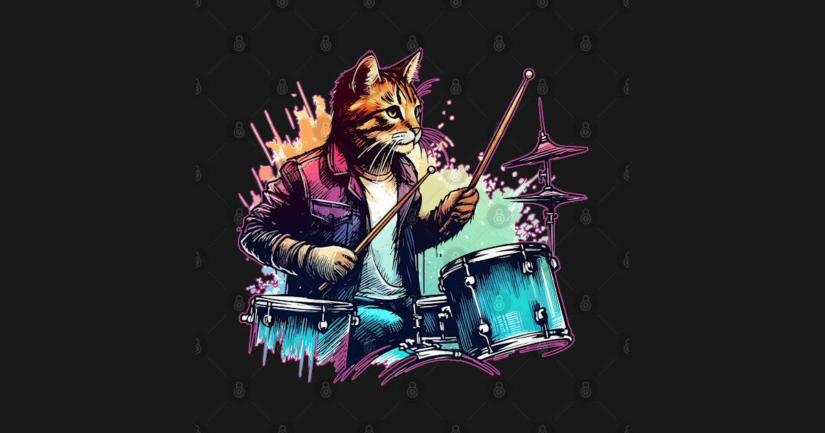 Cat Drummer Retro Watercolor Splash Art - Drummer - T-Shirt | TeePublic