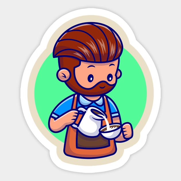 Cute Man Barista Cartoon - Cute Man Barista Cartoon - Sticker | TeePublic