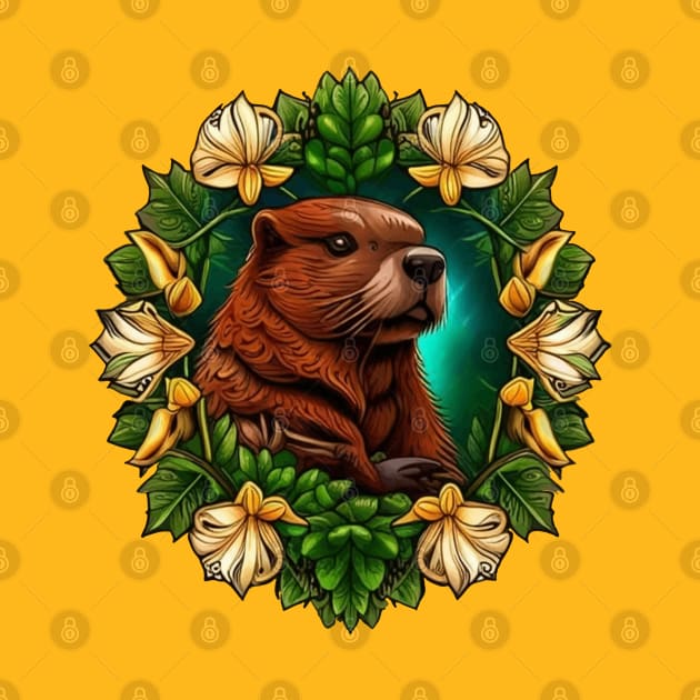 A Beaver Surrounded By A Wreath Of Oregon Grape Flowers Tattoo Art ...