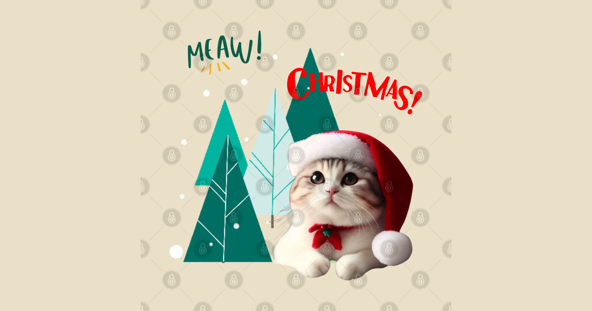 Meaw Cat in Santa hat with christmas tree - Christmas Cat - T-Shirt ...
