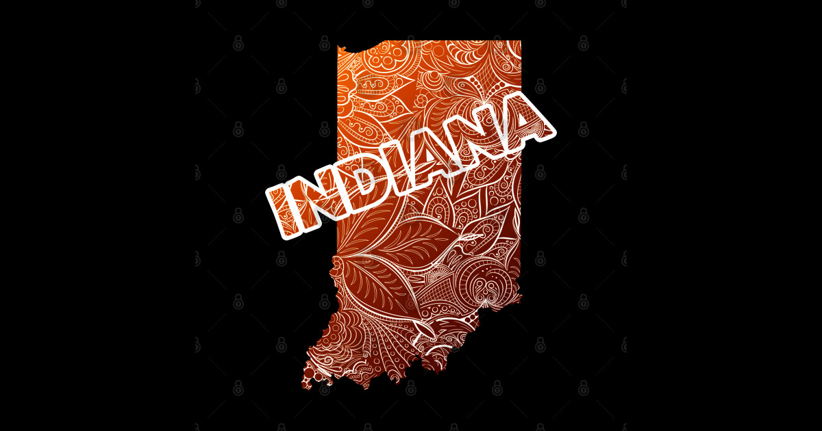 Colorful mandala art map of Indiana with text in brown and orange ...