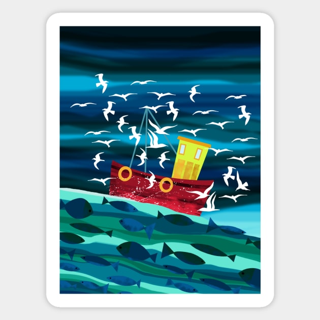 Red Fishing Boat - Ocean Lovers - Sticker | TeePublic