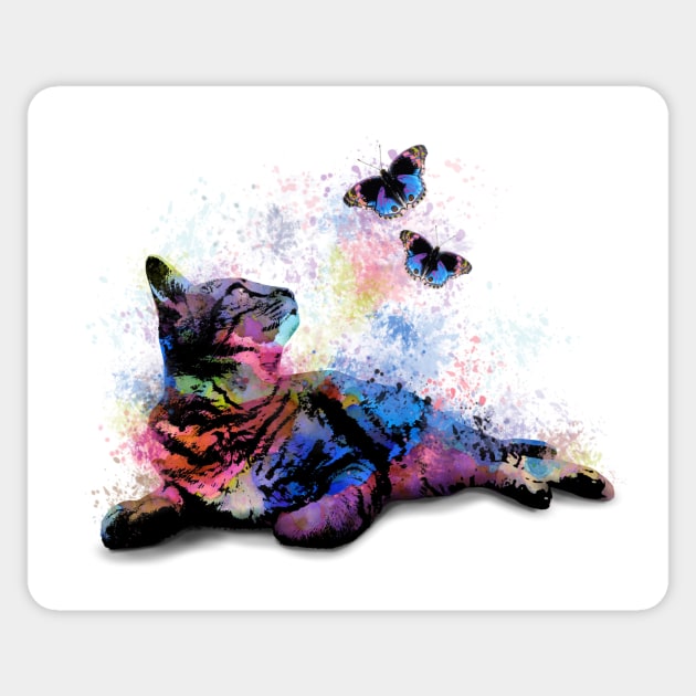 Cat 614 pink blue butterflies - Cat - Sticker | TeePublic