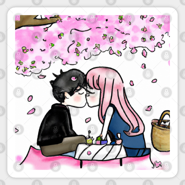 Cute Anime Couple Kissing Under Cherry Blossoms - Anime - Sticker ...
