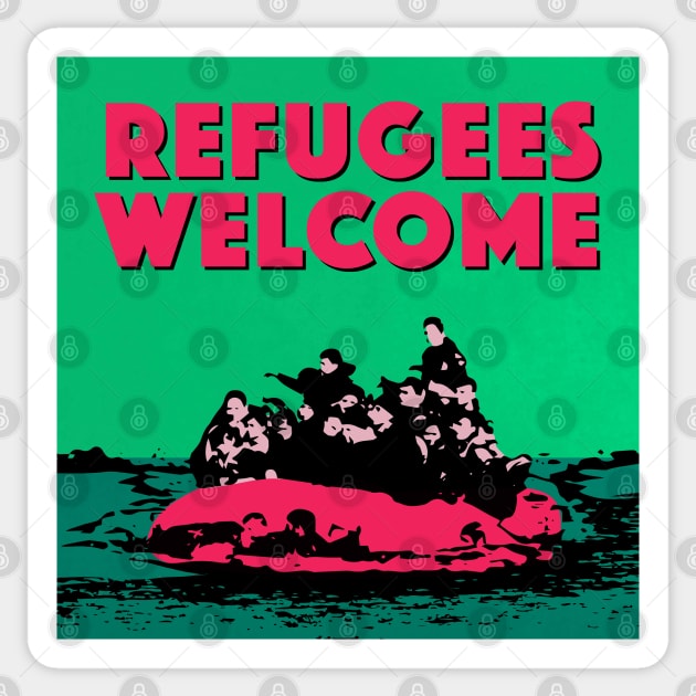 REFUGEES WELCOME (ALT. COLOURS) - ILLUSTRATION SHOWING REFUGEES ON A ...