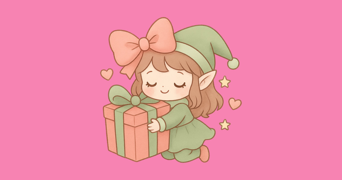 Cute Holiday Elf Hugging a Big Present - Christmas - T-Shirt | TeePublic