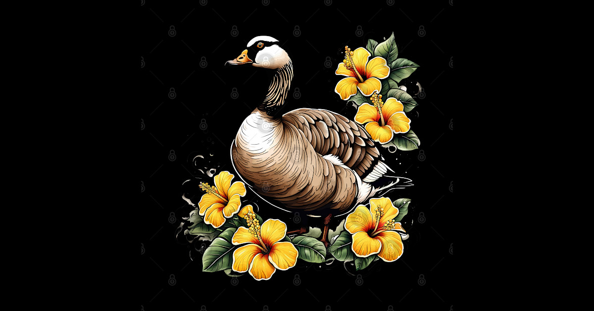 Cute Nene Hawaiian Goose With Yellow Hibiscus - Hawaiian Goose ...
