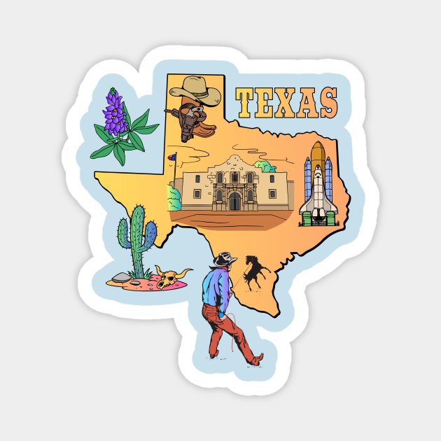 Colorful map of Texas with popular Hand drawn landmarks - Texas Map ...