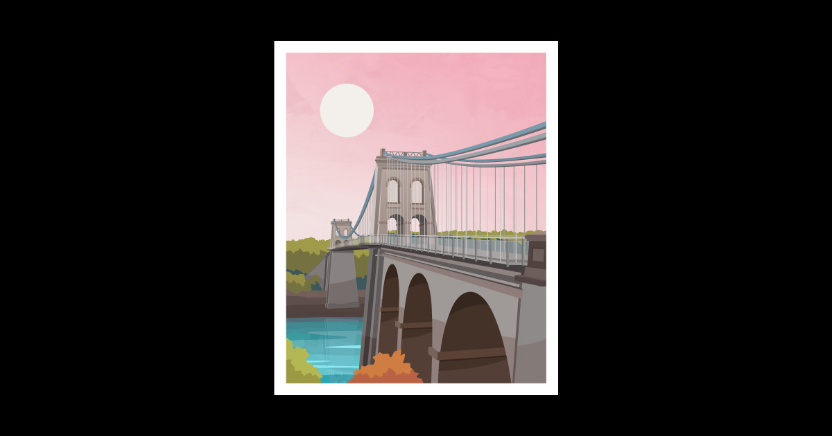 Menai Bridge Anglesey in Pastel Pink - North Wales - Anglesey - Sticker ...